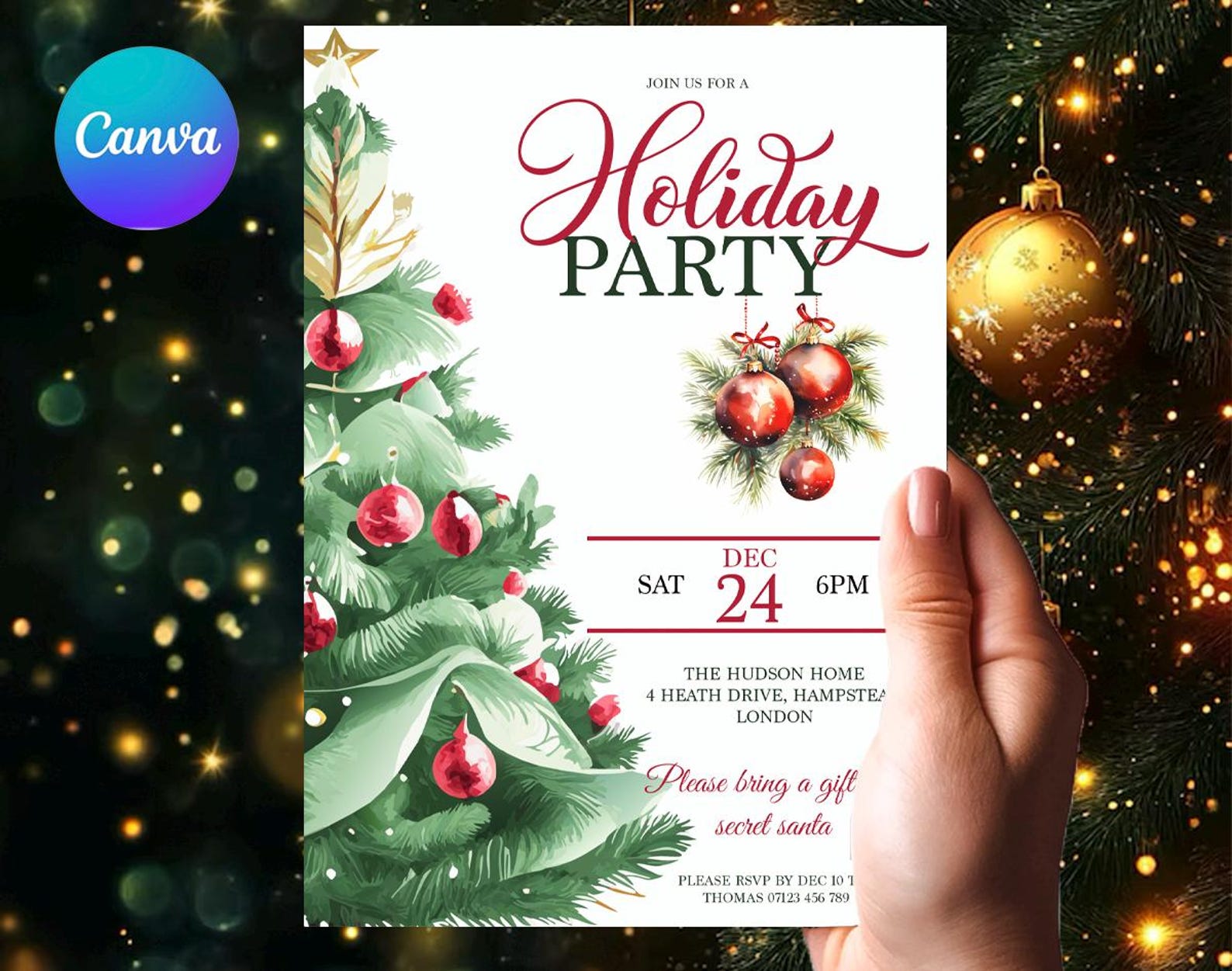Editable Christmas Invite, Christmas Tree Invitation, Christmas Party ...