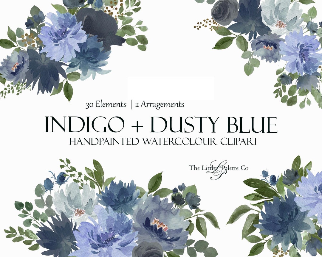 Watercolour Floral Digital Clipart Blue Indigo Navy PNG Hand Painted ...