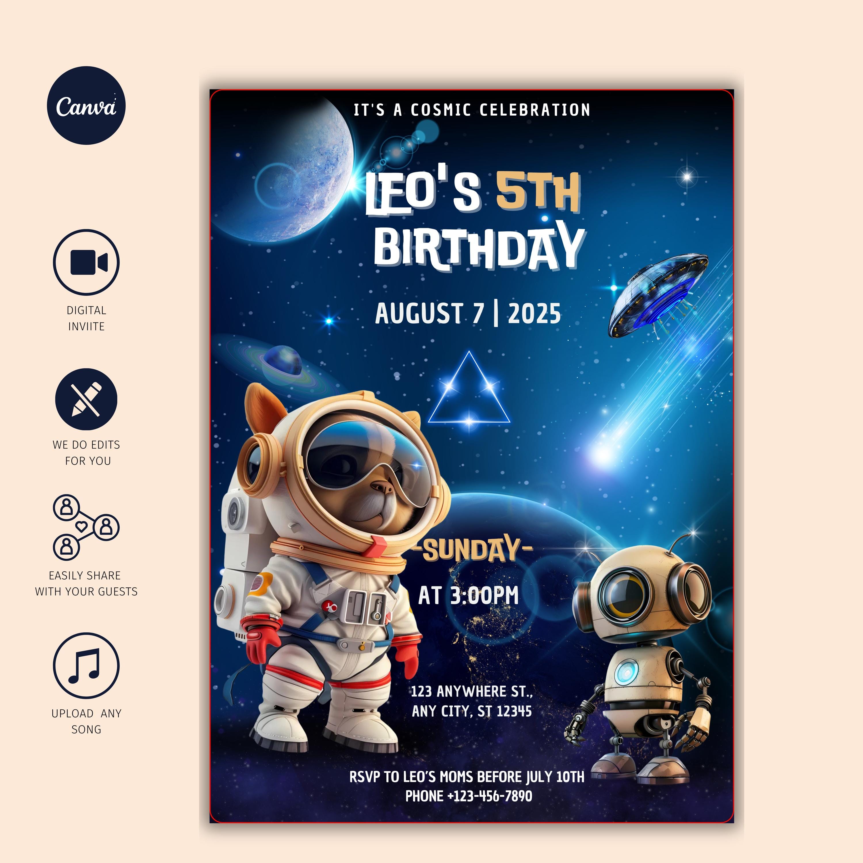 Editable Outer Space Birthday Invitation Template, Planets Rocket Ship ...