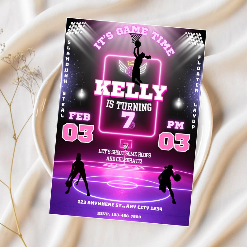 Girls Basketball Birthday Invitation, Editable Canva Sports Party ...
