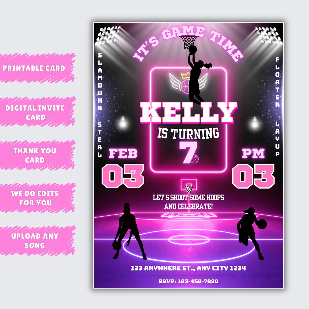Girls Basketball Birthday Invitation, Editable Canva Sports Party ...