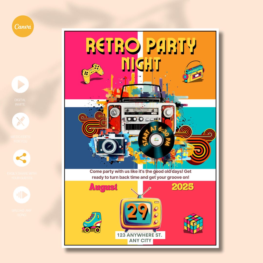 Retro Invite, Retro Disco Ball, Retro Disco Party Invite, 70s Groove ...