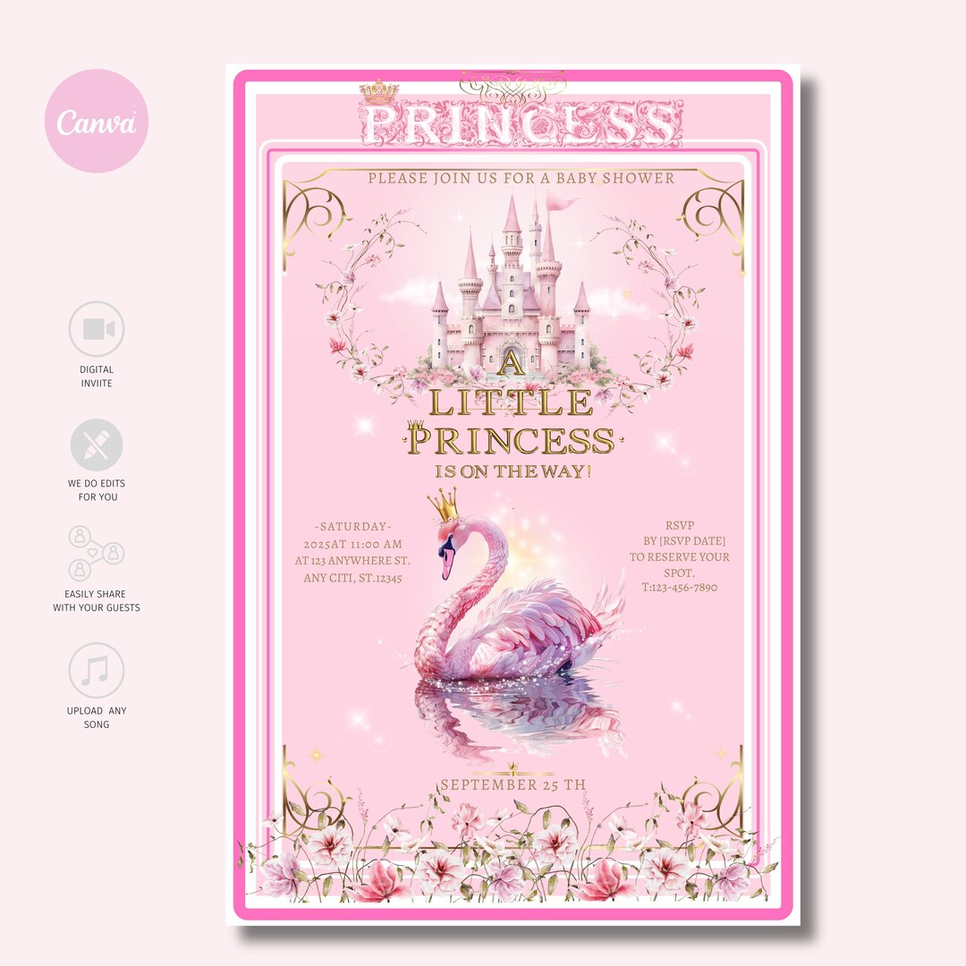 Magical Castle and Swan Digital Party Invitation Fairytale Birthday ...