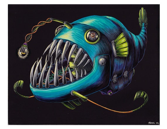 Items similar to Robot Angler Fish - 8.5 x 11 Art Print - Original done on scratchboard on Etsy