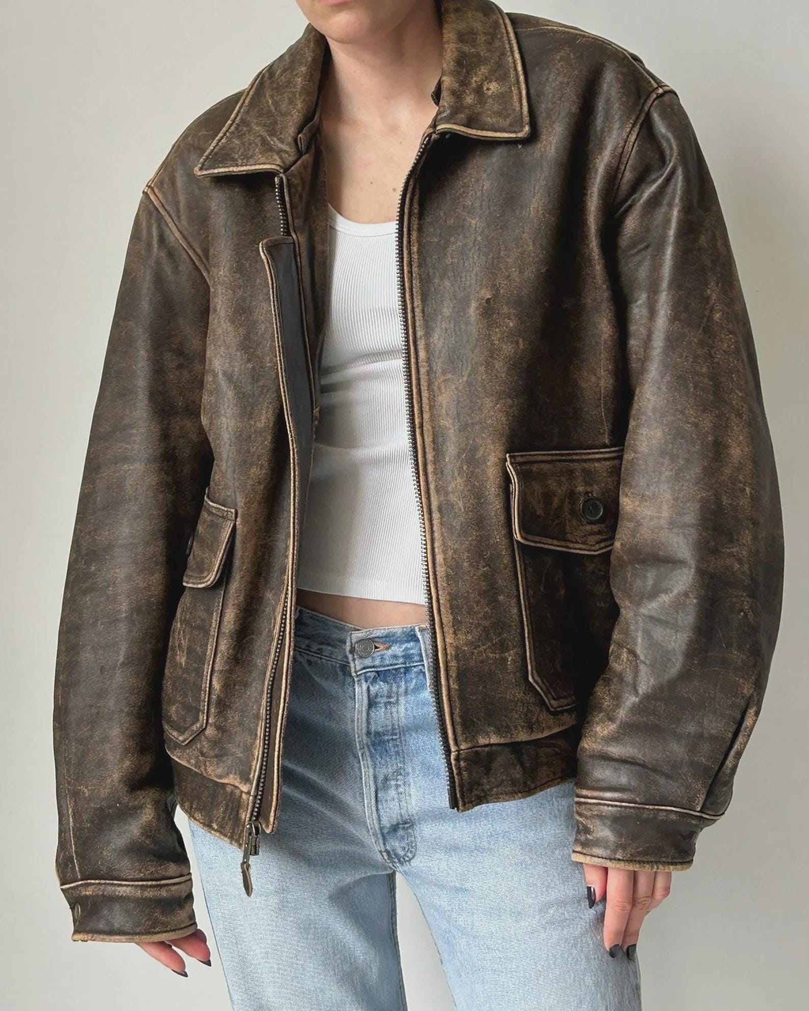 60s Boxy Brown Oversized Handmade Cut Leather Bomber Jacket Loose Fit ...