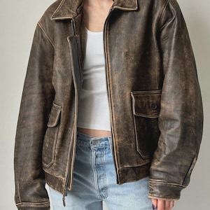 60s Boxy Brown Oversized Handmade Cut Leather Bomber Jacket Loose Fit ...