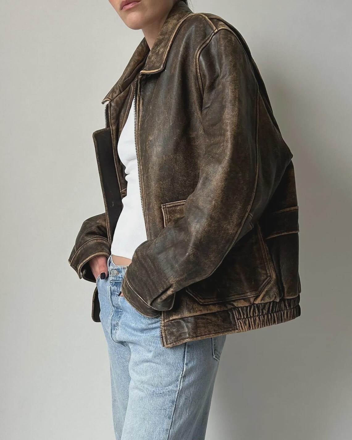 60s Boxy Brown Oversized Handmade Cut Leather Bomber Jacket Loose Fit ...