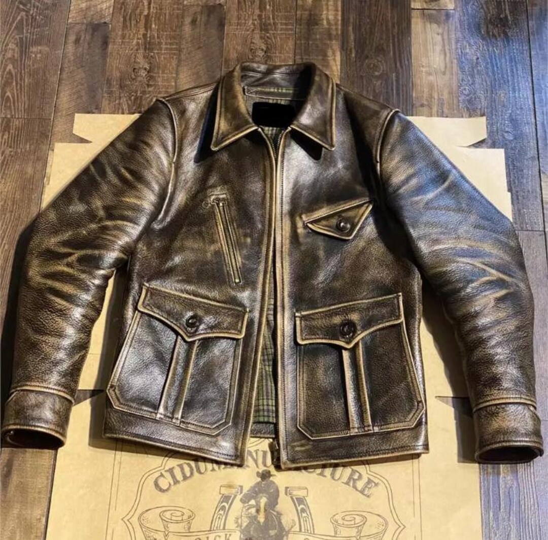 Vintage Brown 1920s Genuine Leather Jacket Mens Military Style Coat ...