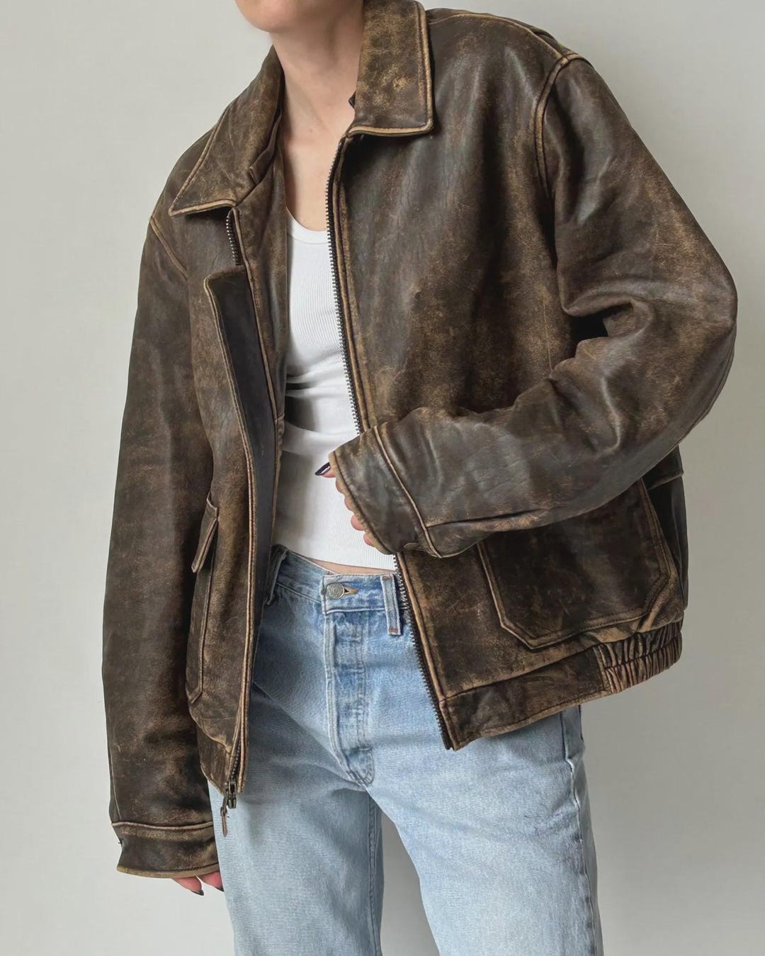 60s Boxy Brown Oversized Handmade Cut Leather Bomber Jacket Loose Fit ...