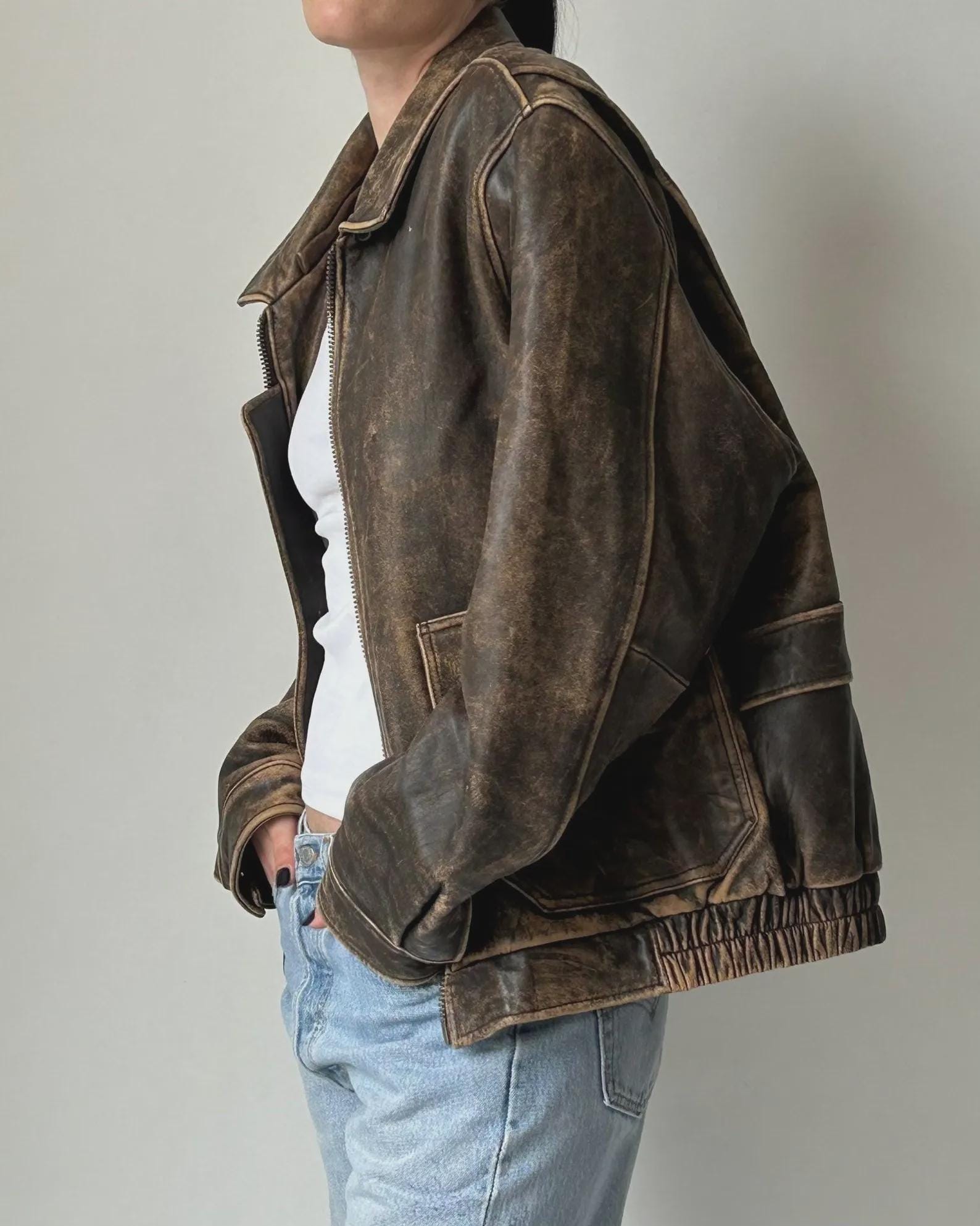 60s Boxy Brown Oversized Handmade Cut Leather Bomber Jacket Loose Fit ...