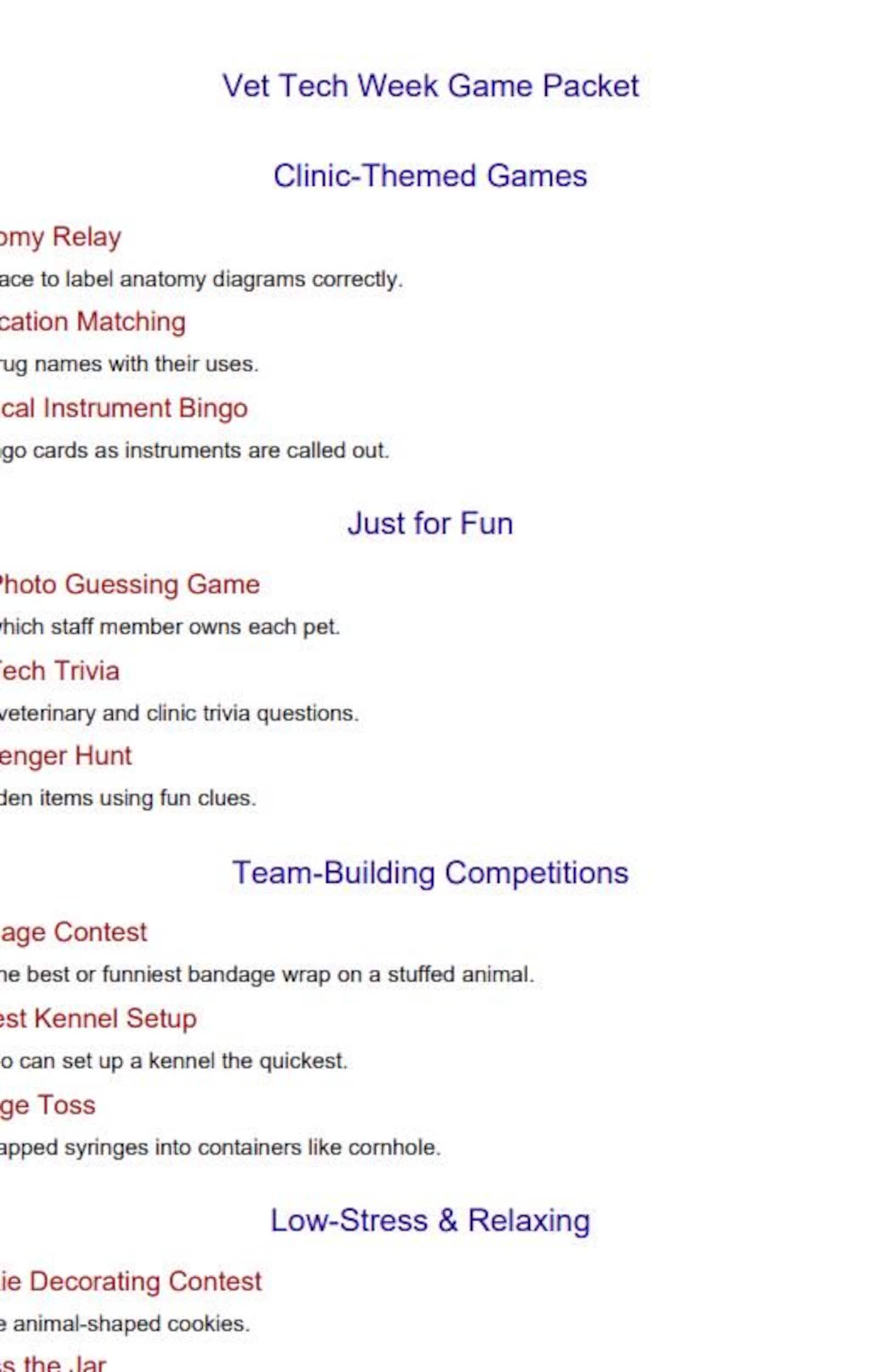 Vet Tech Games Packet- 11 Games That Are Super Fun, Trivia Sheet, Bingo ...