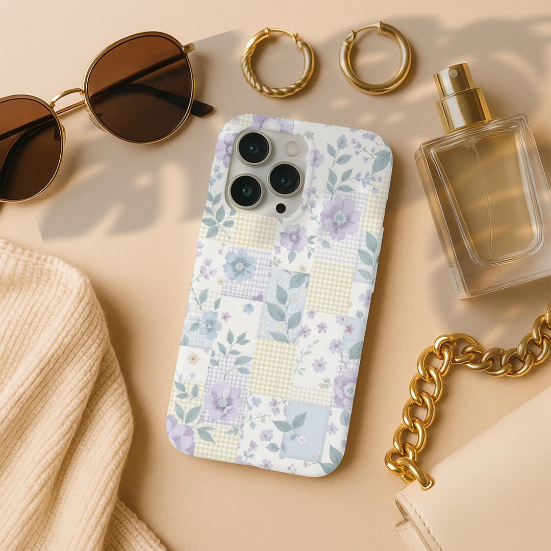 Pastel Floral Patchwork Phone Case, Purple Blue Cottagecore Pattern ...