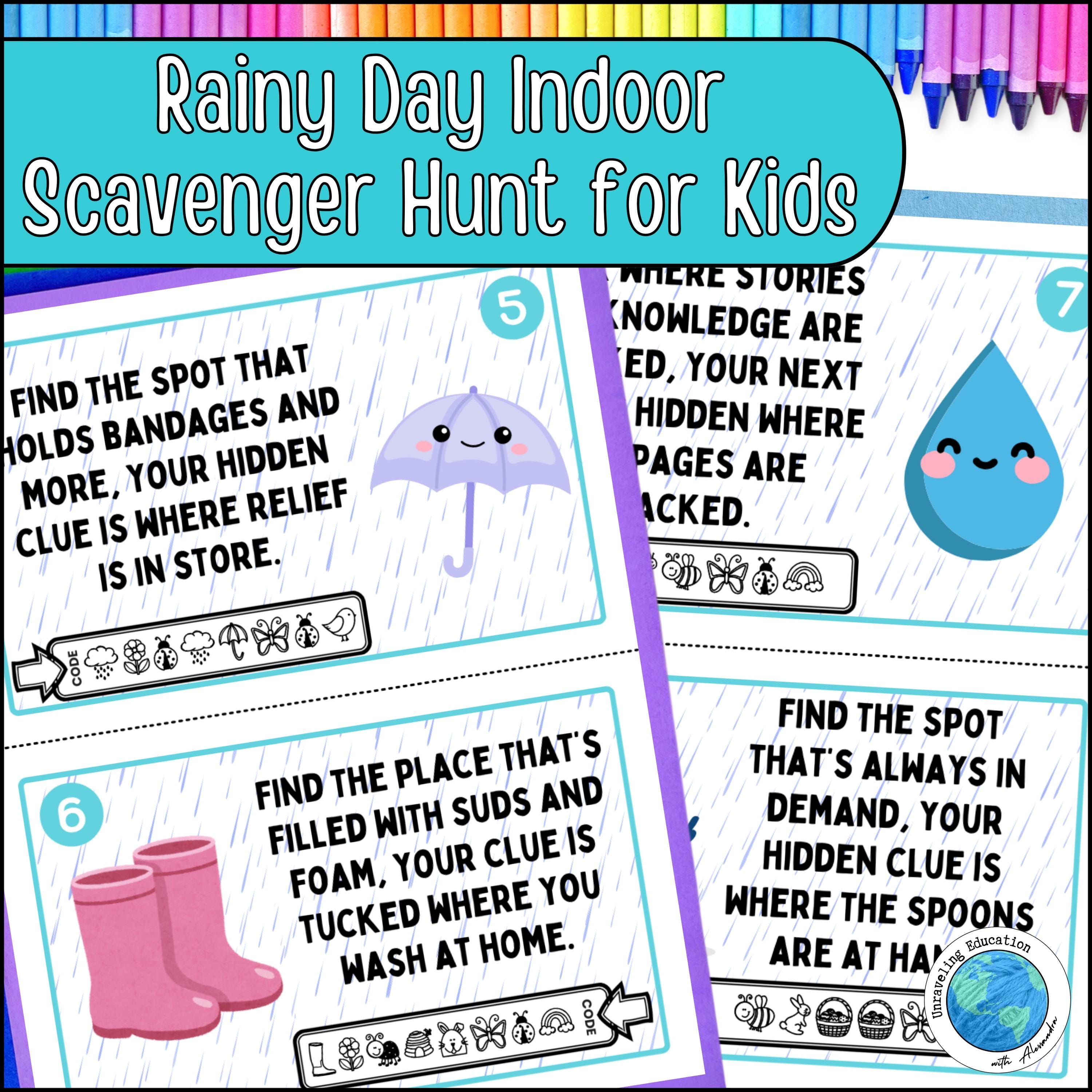 Rainy Day Scavenger Hunt for Kids, Indoor Printable Clue Game, Puzzle ...