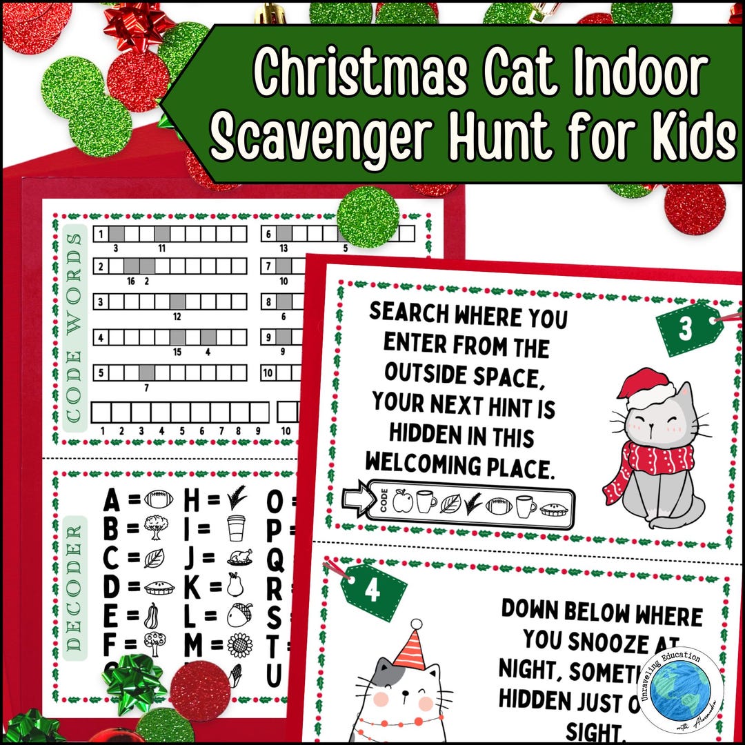 Christmas Cats Scavenger Hunt for Kids, Indoor Printable Clue Game ...