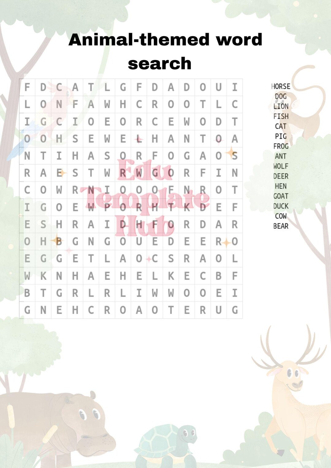 Animal Word Search Puzzle: Kids Activity Worksheet (PDF) - Etsy UK