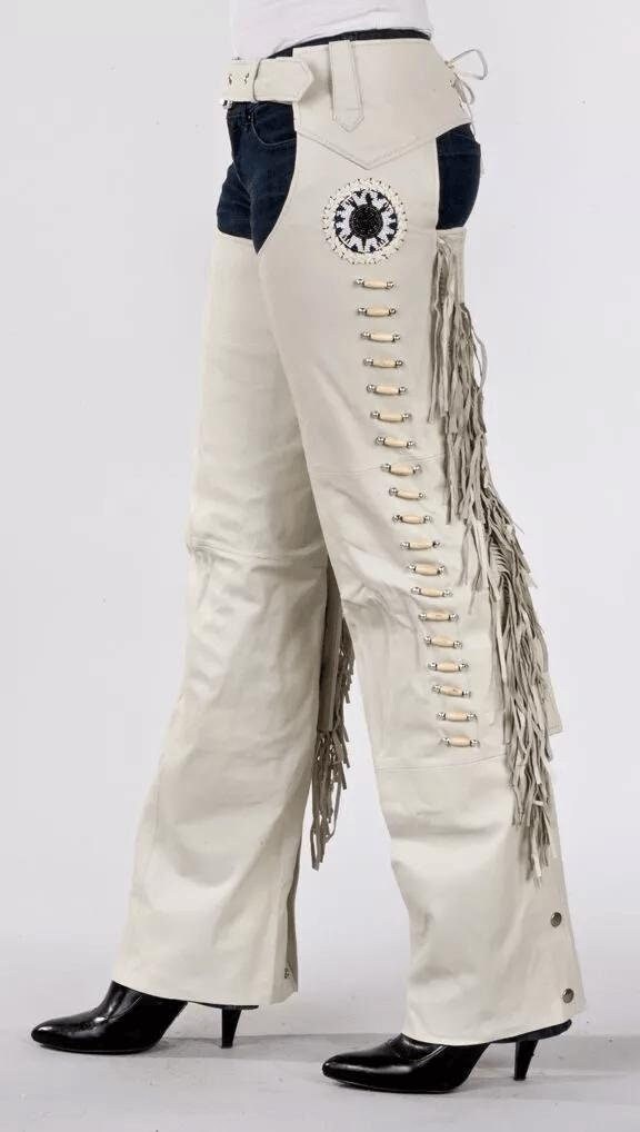 Leather Western Chaps With Fringe, Indian Beads Handmade Cowboy Chaps ...
