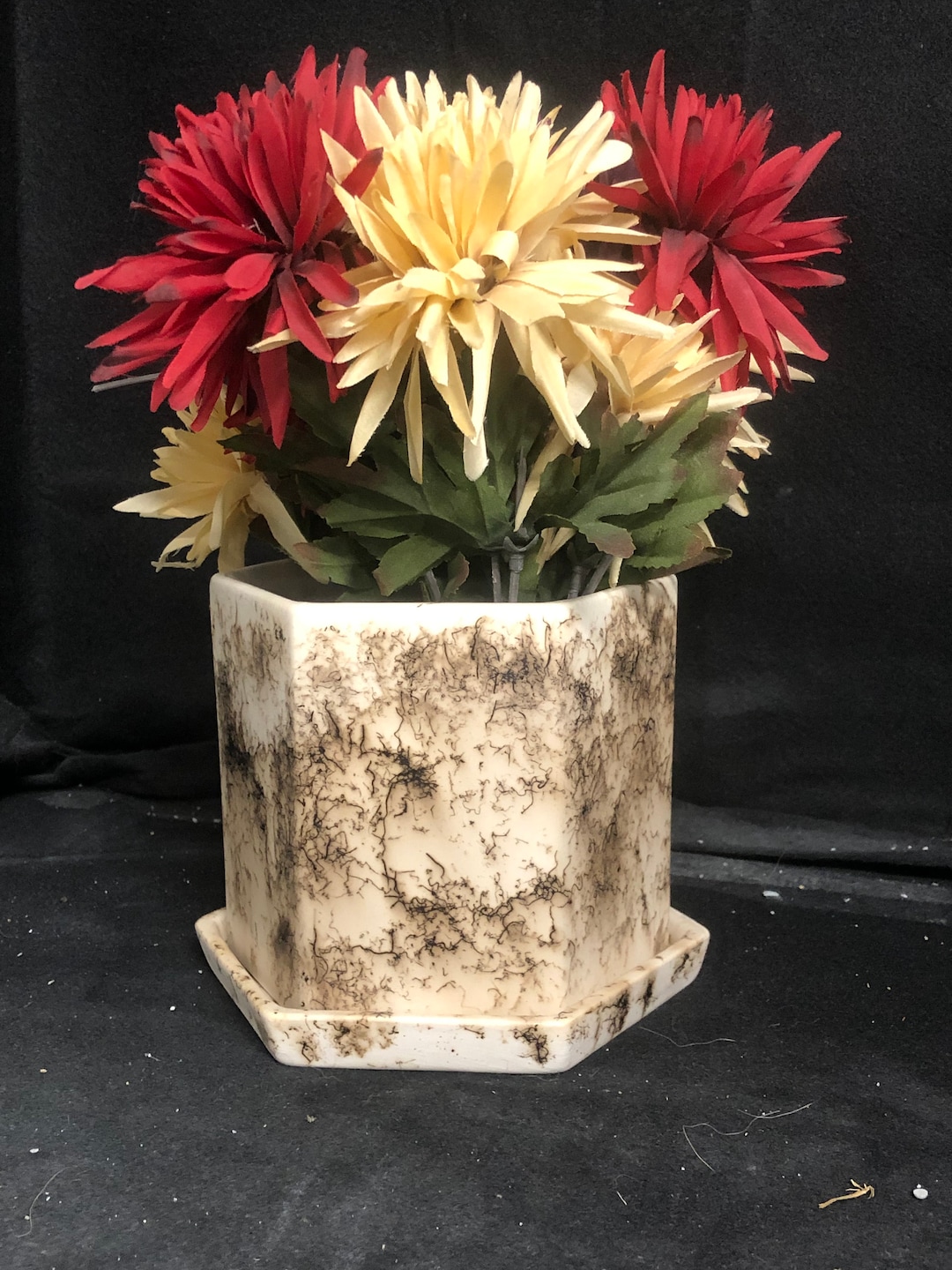 HORSE PLANTER Horse Hair Hexagon Planter W/ Tray Earthenware Pottery ...