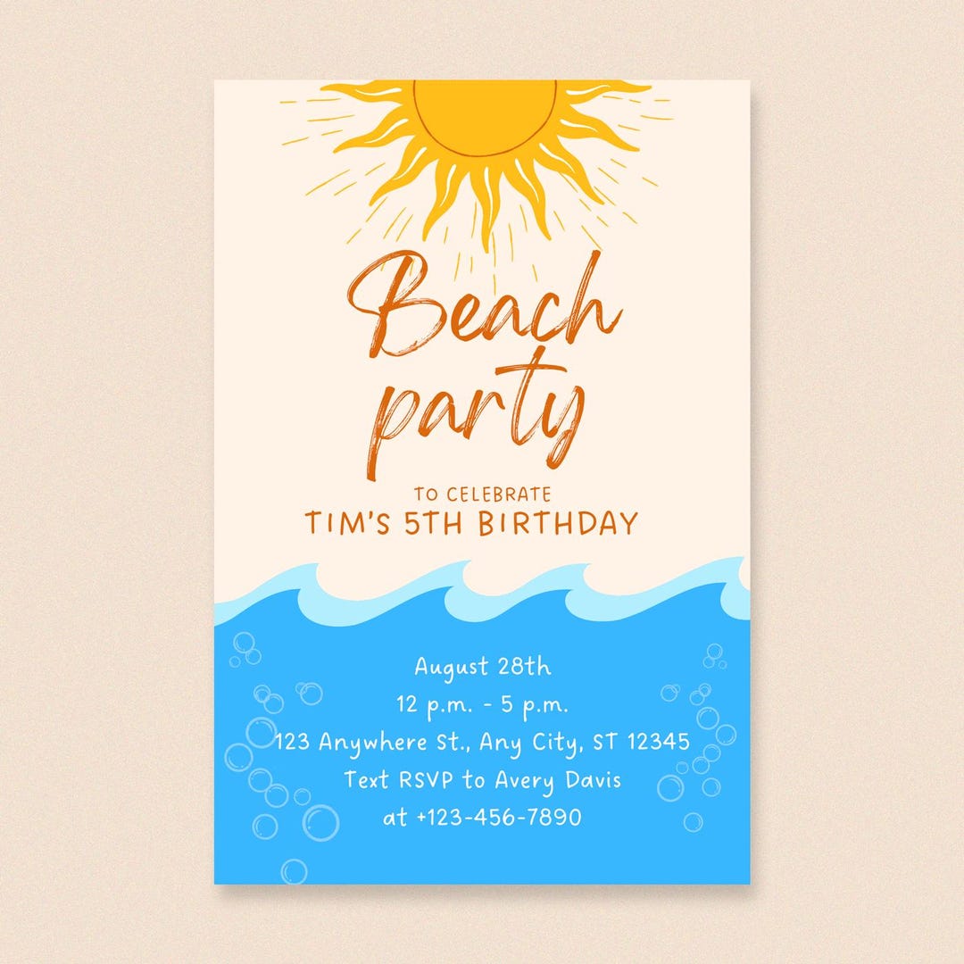 Editable Beach Party Invitation, Printable Digital Download - Etsy