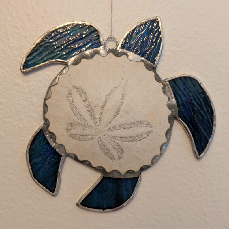 Stained Glass Sand Dollar Turtle Suncatcher – Handmade Coastal Window ...