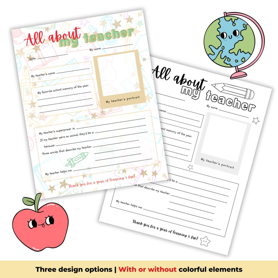 All About My Teacher Printable, Personalized Teacher Thank You Card ...