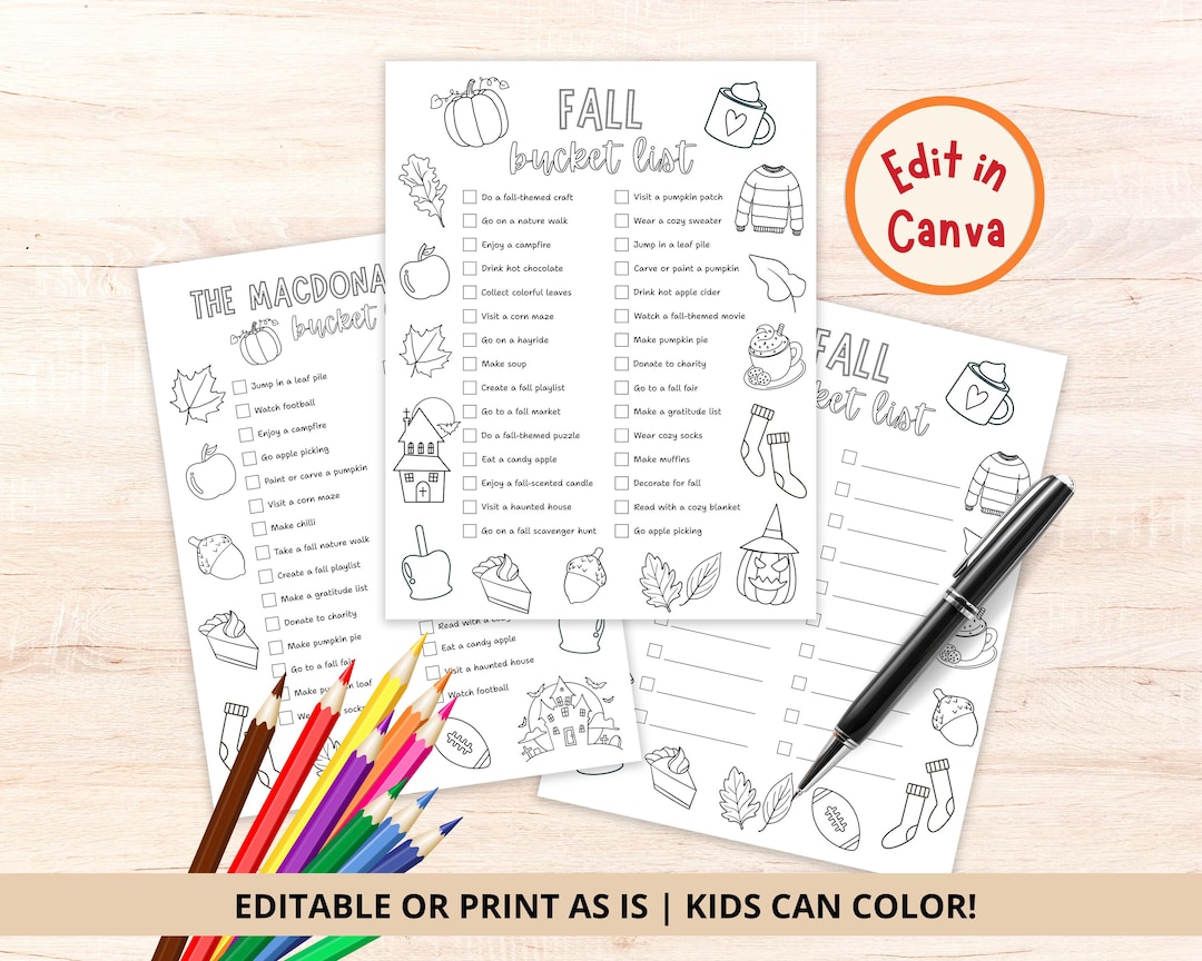 Fall Bucket List Coloring Printable, Autumn Bucket List, Printable ...