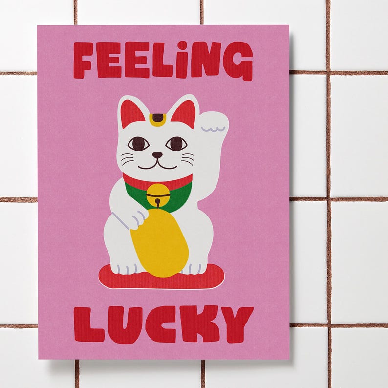 Feeling Lucky Japanese Fortune Cat Wall Art, Lucky Cat Print, Cat Lover ...