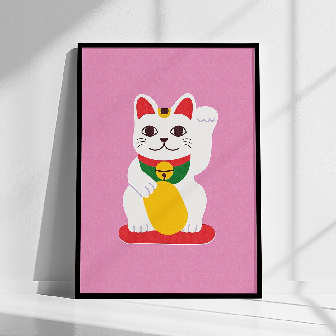 Pink Japanese Lucky Cat Wall Art, Lucky Cat Print, Cat Lover Gift, Good ...