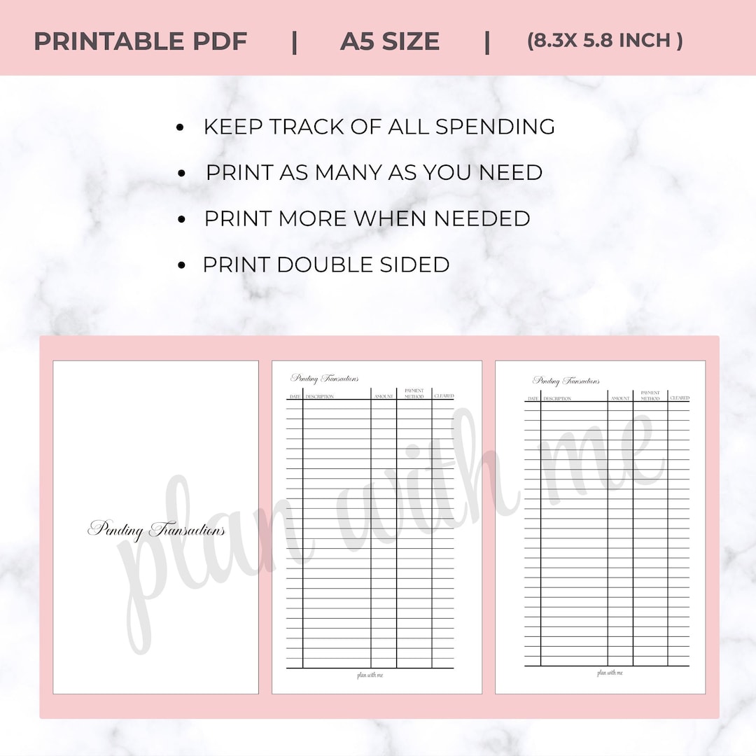 A5 Pending Transactions Printable | Digital Budget Tracker | Planner ...