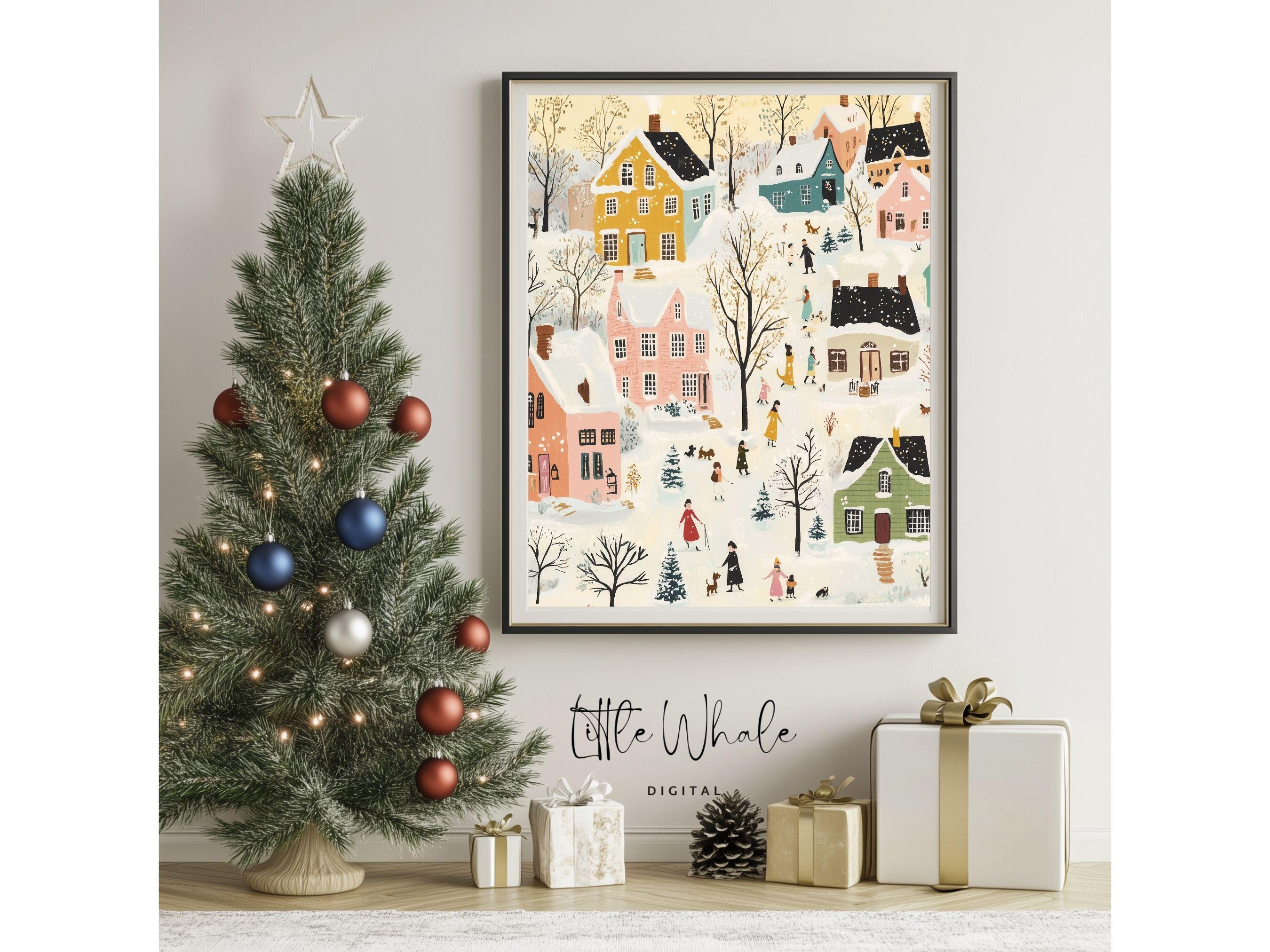 Snowy Christmas Festive Village Scene Wall Art, Cozy Winter Scene Print ...