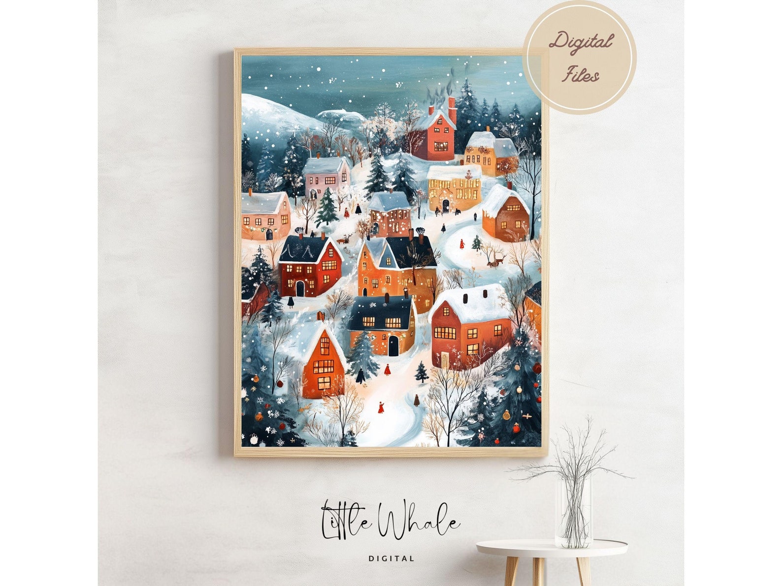 Snowy Winter Village Wall Art, Cozy Winter Scene Print, Vibrant ...