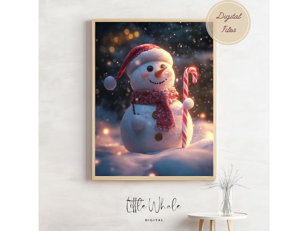 Christmas Snowman Holding Candy Cane, Digital Wall Art, Cute Winter ...