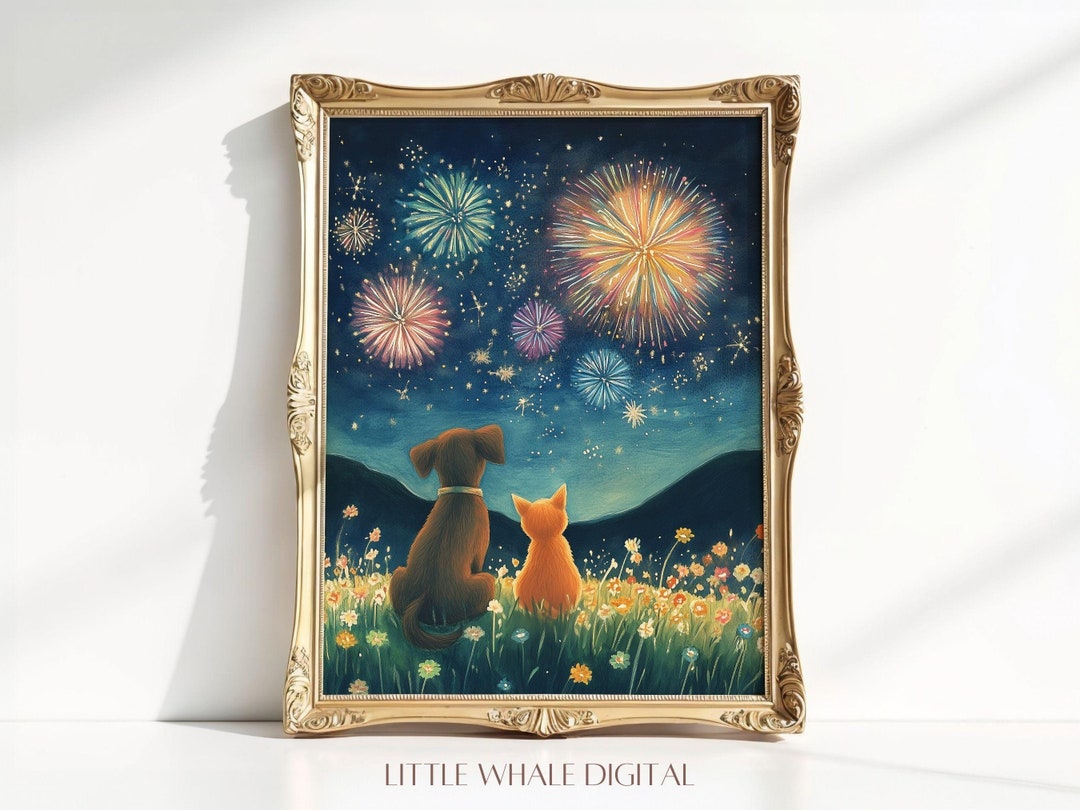 Dog and Cat Watching Fireworks Wall Art, New Year Celebration Art ...