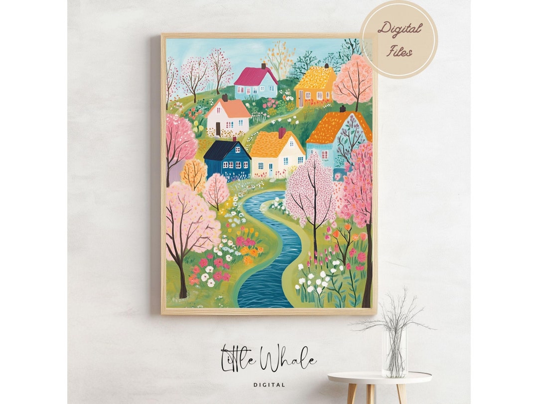 Idyllic Springtime Village - Digital Wall Art of Blossoming Countryside ...