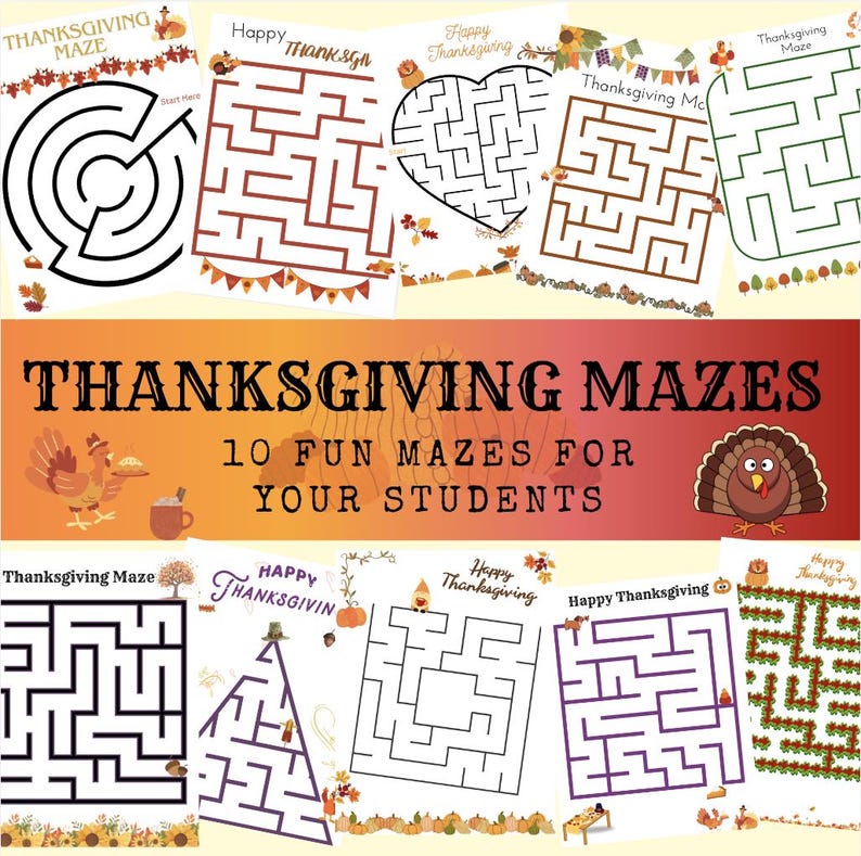 Thanksgiving Mazes- 10 Digital Printable Mazes for Your Students - Etsy