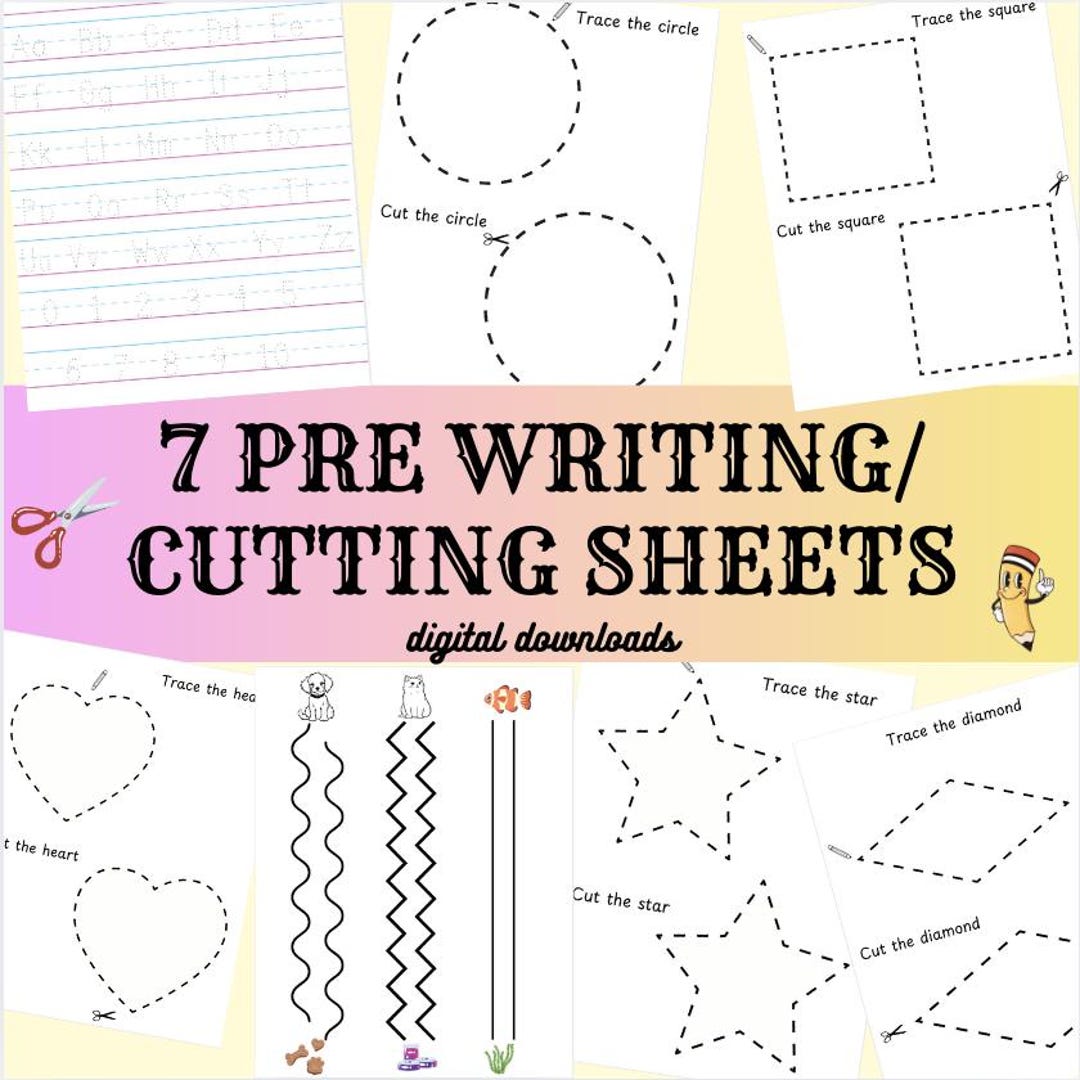 7 Pre Writing, Cutting, Tracing Sheets for Elementary Students| Pre ...