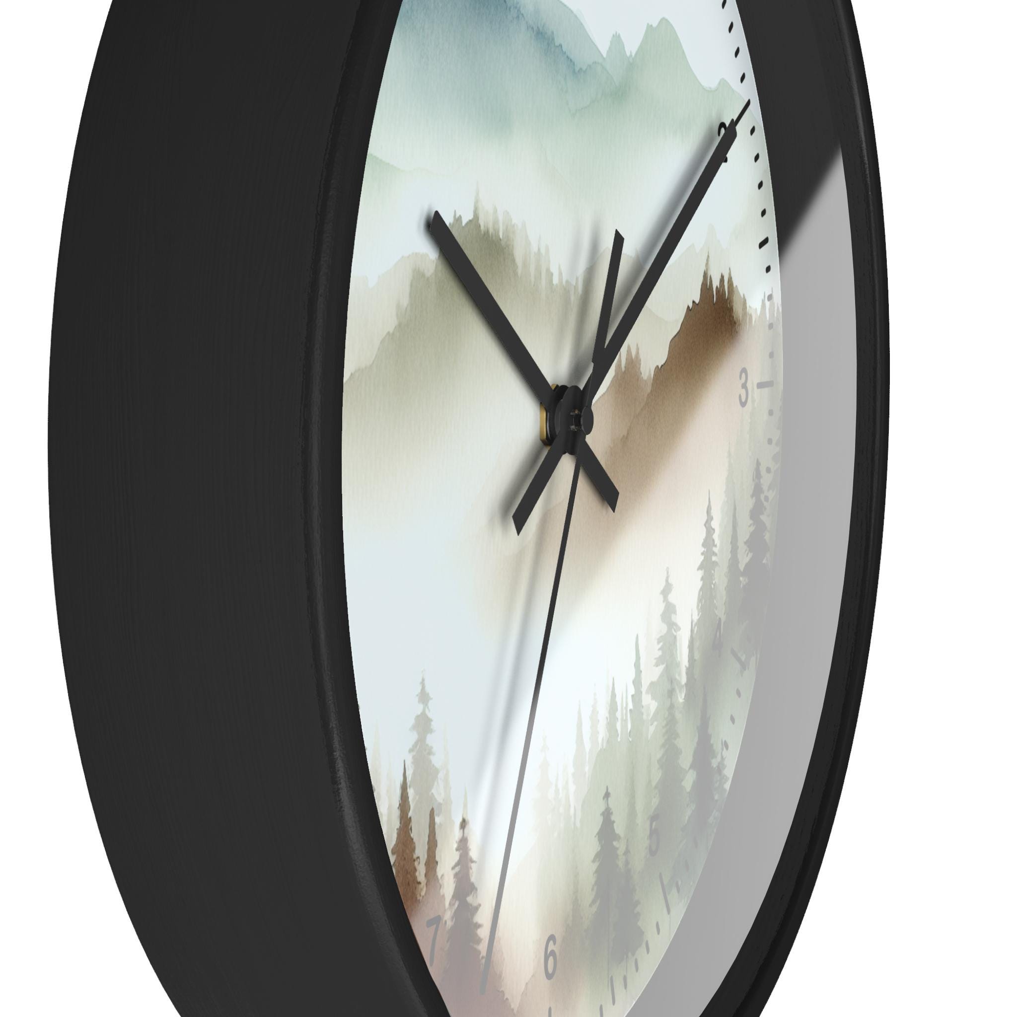 Mountain Pine Trees Wall Clock With Numbers, Foggy Forest Woodland ...