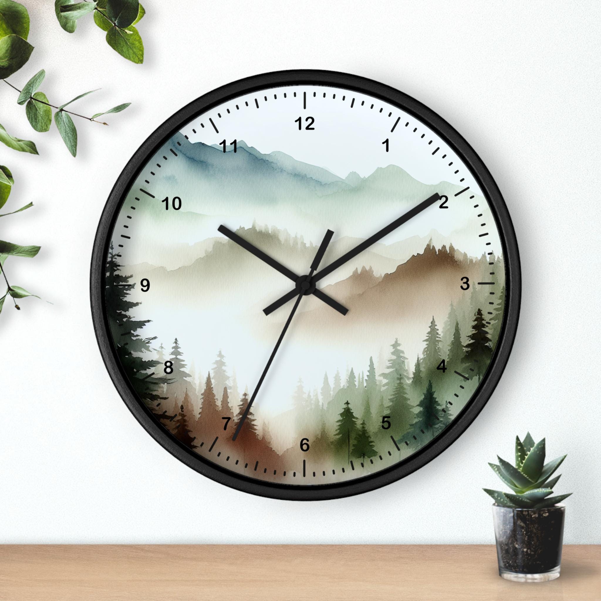 Mountain Pine Trees Wall Clock With Numbers, Foggy Forest Woodland ...