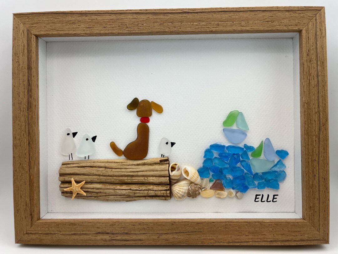 Sea Glass Dog & Bird Art | Driftwood Beach Décor | Coastal Dog Lovers ...