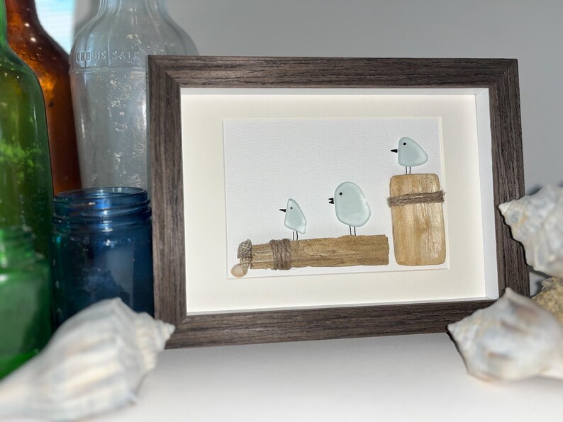 Handcrafted Sea Glass Bird and Driftwood Art | 8x6 Wood Shadow Box ...