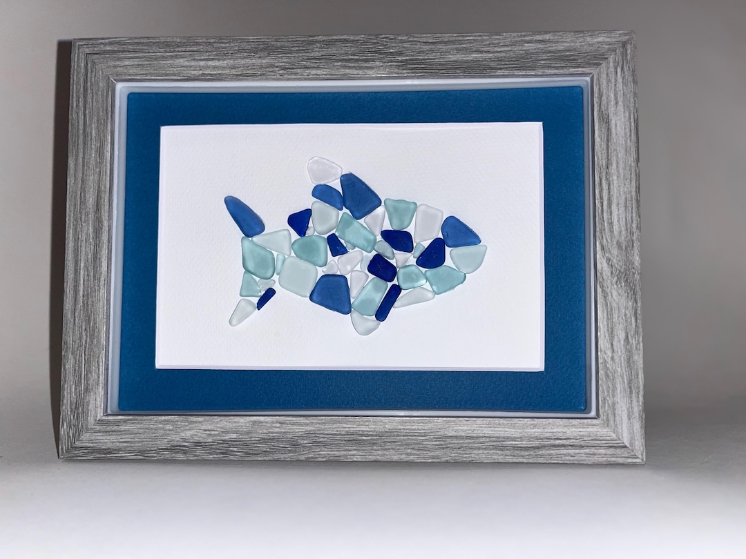 Handcrafted Sea Glass Fish Art in Wood 8x6 Shadow Box Frame ...
