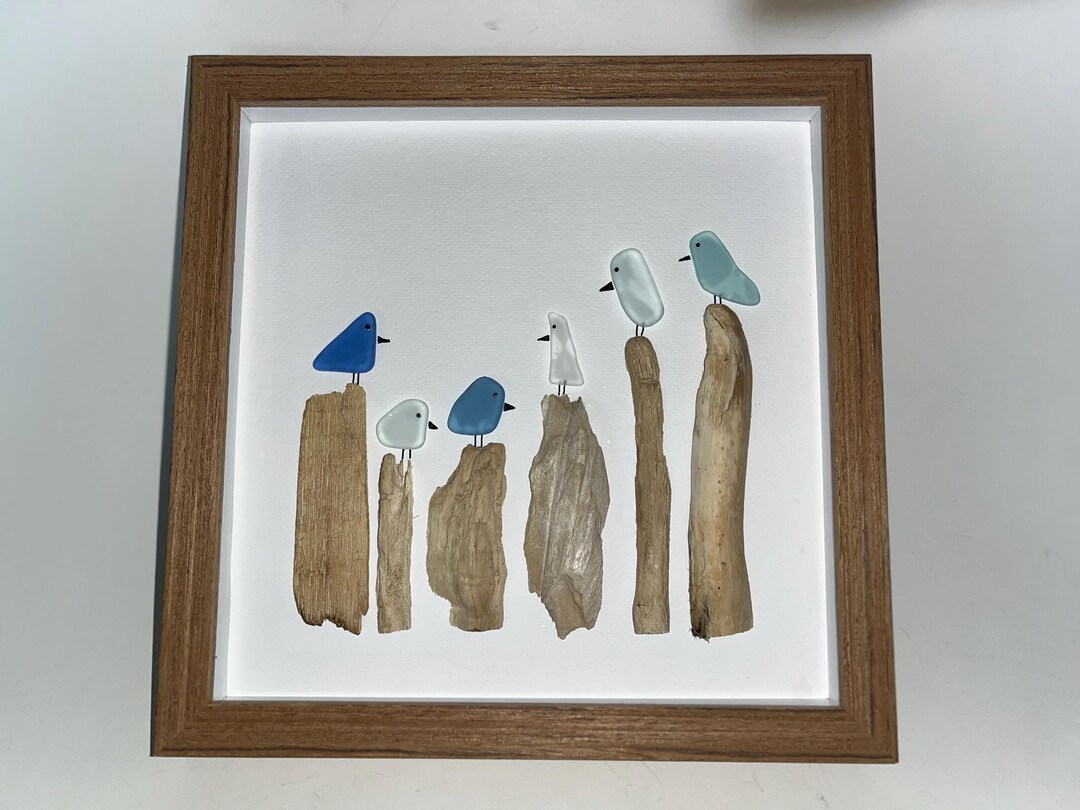 Handcrafted Sea Glass Birds and Driftwood Art in 8x8 Wood Shadow Box ...
