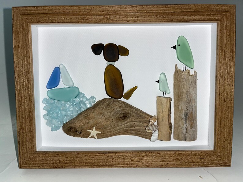 Sea Glass Dog & Bird Art | Driftwood Beach Décor | Coastal Dog Lovers ...