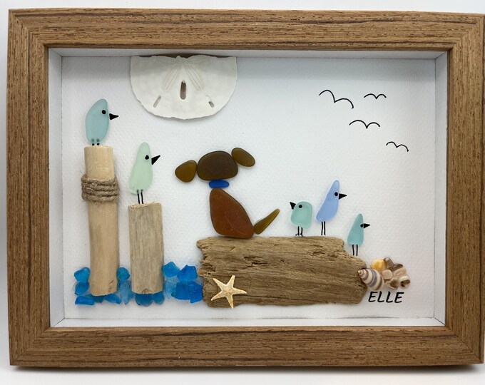 Sea Glass Dog & Bird Art | Driftwood Beach Décor | Coastal Dog Lovers ...