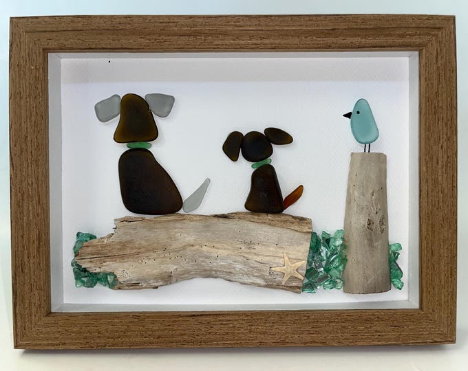 Sea Glass Dog & Bird Art | Driftwood Beach Décor | Coastal Dog Lovers ...