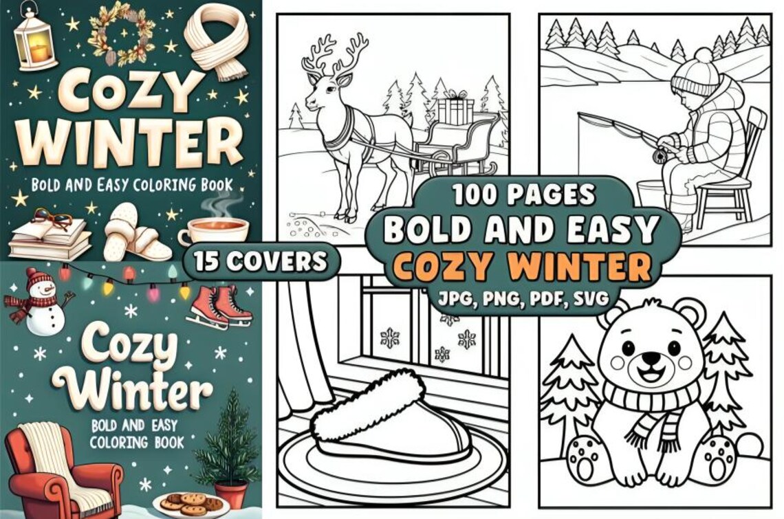 100 Bold and Easy Winter Coloring Pages Cozy, Fun, and Stress-relieving ...