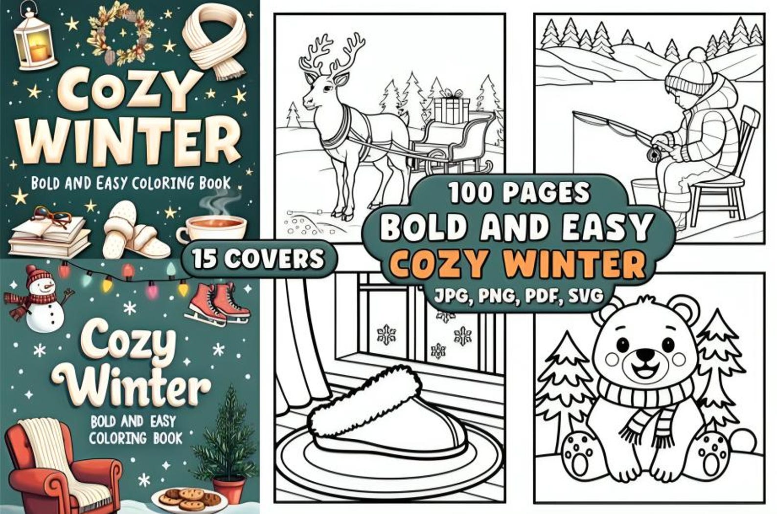 100 Bold and Easy Winter Coloring Pages Cozy, Fun, and Stress-relieving ...