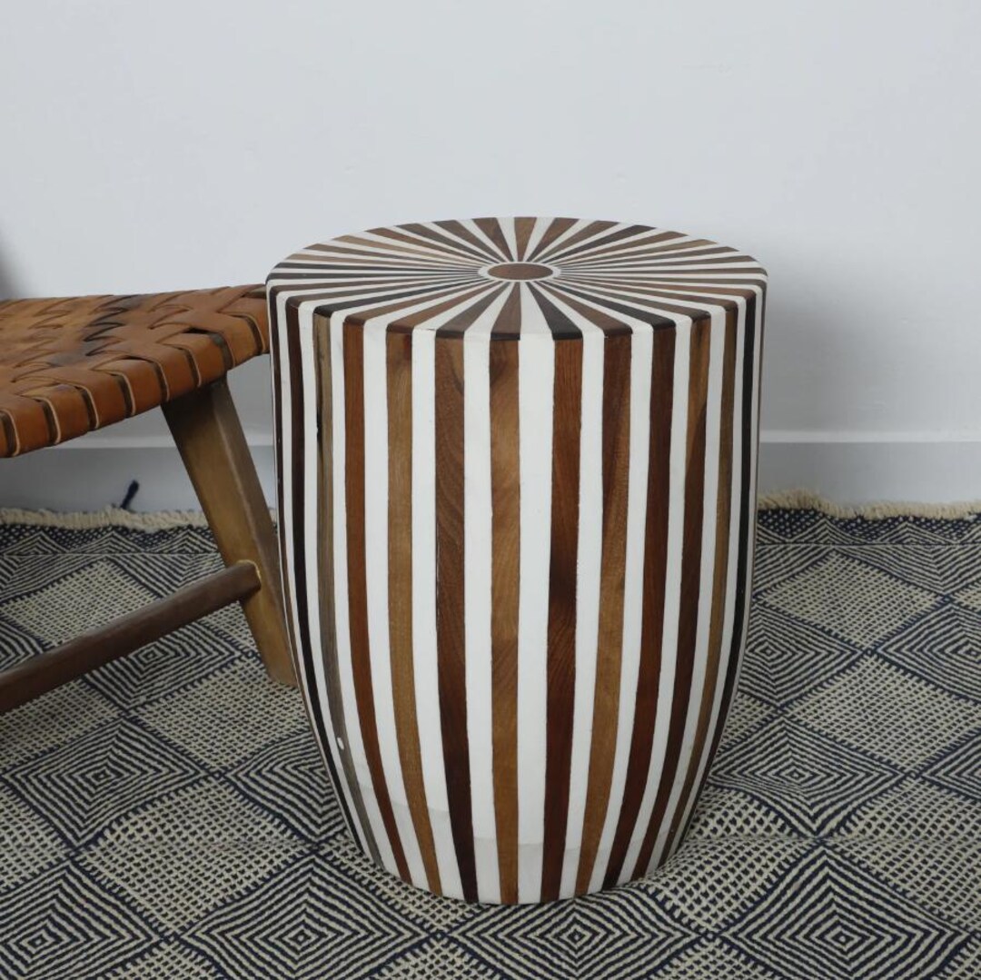 Bold Geometric Wood Side Table – Handmade Accent Table With Striped ...
