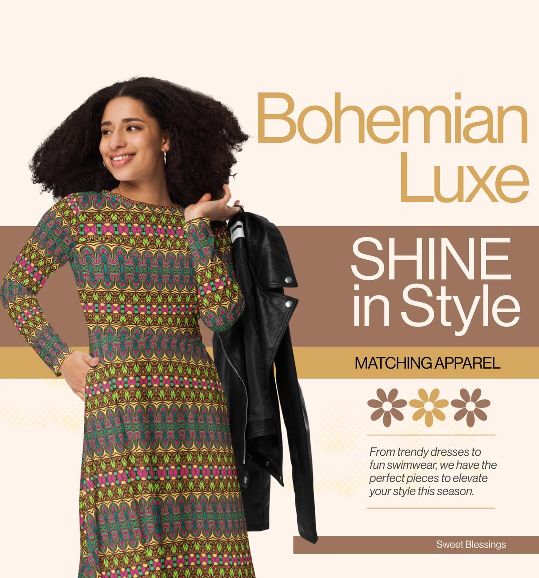Bohemian Luxe Long Sleeve Midi Length Dress for Ladies – Ornate Boho ...