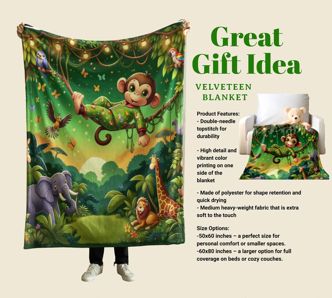 Funky Monkey Jungle Adventure Kids Velveteen Blanket - Rainforest ...