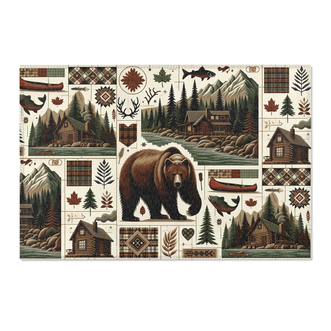 Rustic Cabin Area Rug - Bear Canoe and Forest Scene - Cozy Lodge Style ...